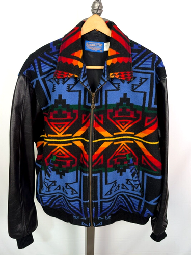 PENDLETON Western Southwest Aztec Leather Sleeves Bomber Jacket Sz XL ...