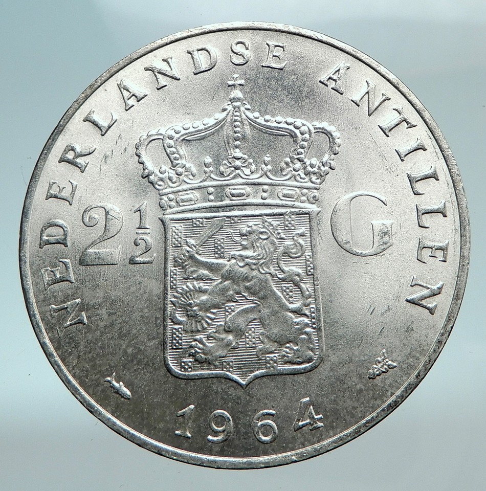 1964 NETHERLANDS ANTILLES Queen JULIANA Genuine SILVER 2 1/2 Gulden ...