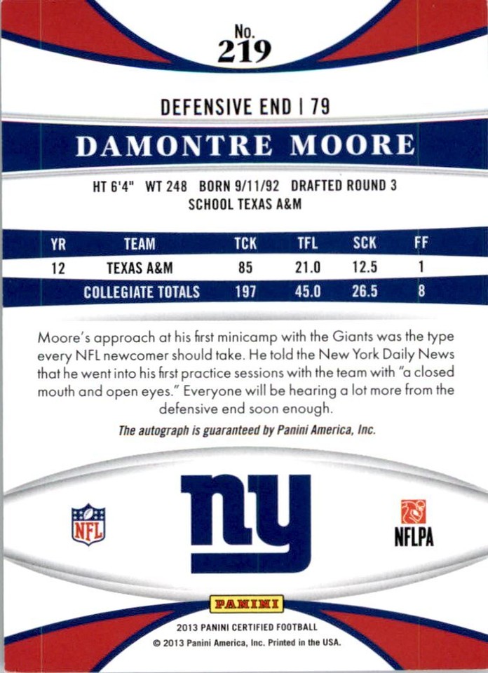 2013 Certified Mirror Blue Signatures #219 Damontre Moore Auto /100 | eBay