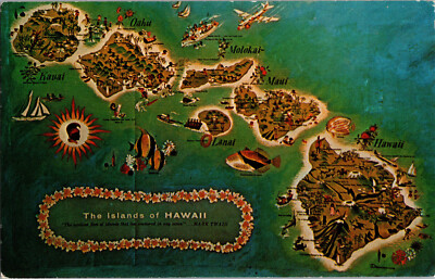 The Islands of Hawaii Landmarks And Map Greetings, Vintage Postcard B10 ...