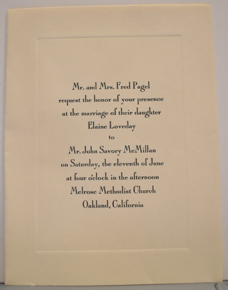 1938 Wedding Invitation Melrose Methodist Church Oakland Pagel Loveday ...