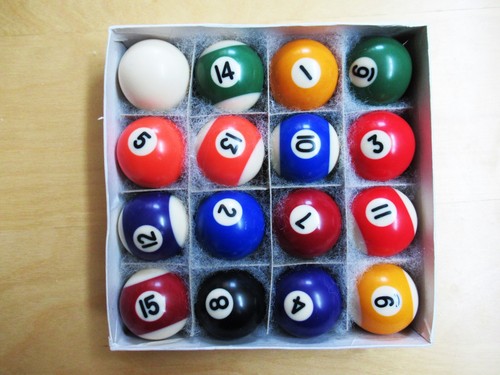 Set of 16 Mini Miniature Pool Billiards Balls 1-15 & Cue Ball in Box | eBay