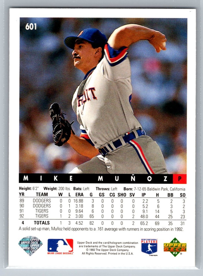 Mike Munoz 1993 Upper Deck BASEBALL #601 Detroit Tigers | eBay