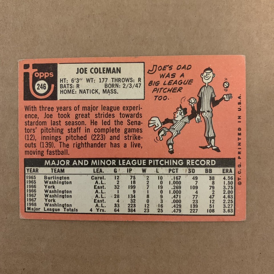 1969 Topps Joe Coleman # 246 Washington Senators Baseball Card | eBay