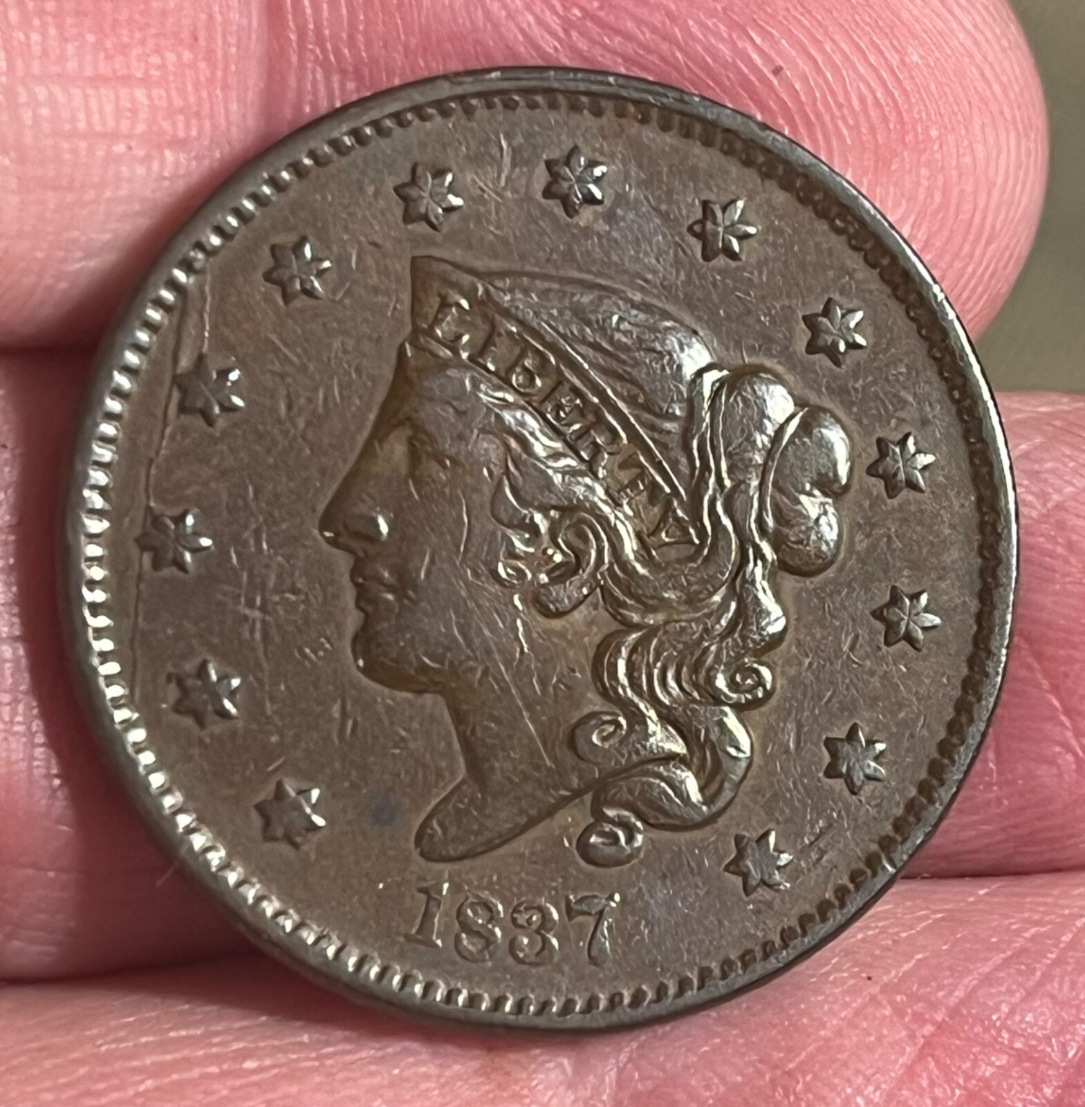 1837 large cent, plain cord, medium letters reverse, Die crack obverse ...