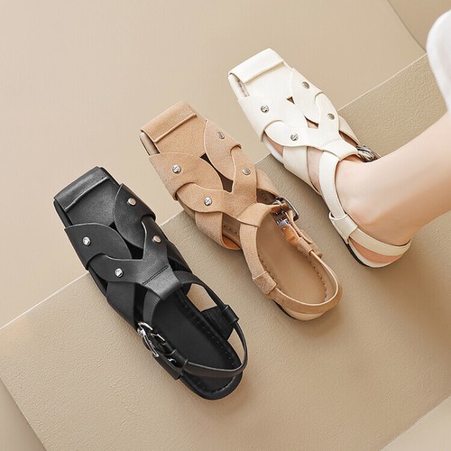 Womens 2024 Fashion Leather Cutout Close Toe Studs Ankle Strap Sandal Shoes | eBay