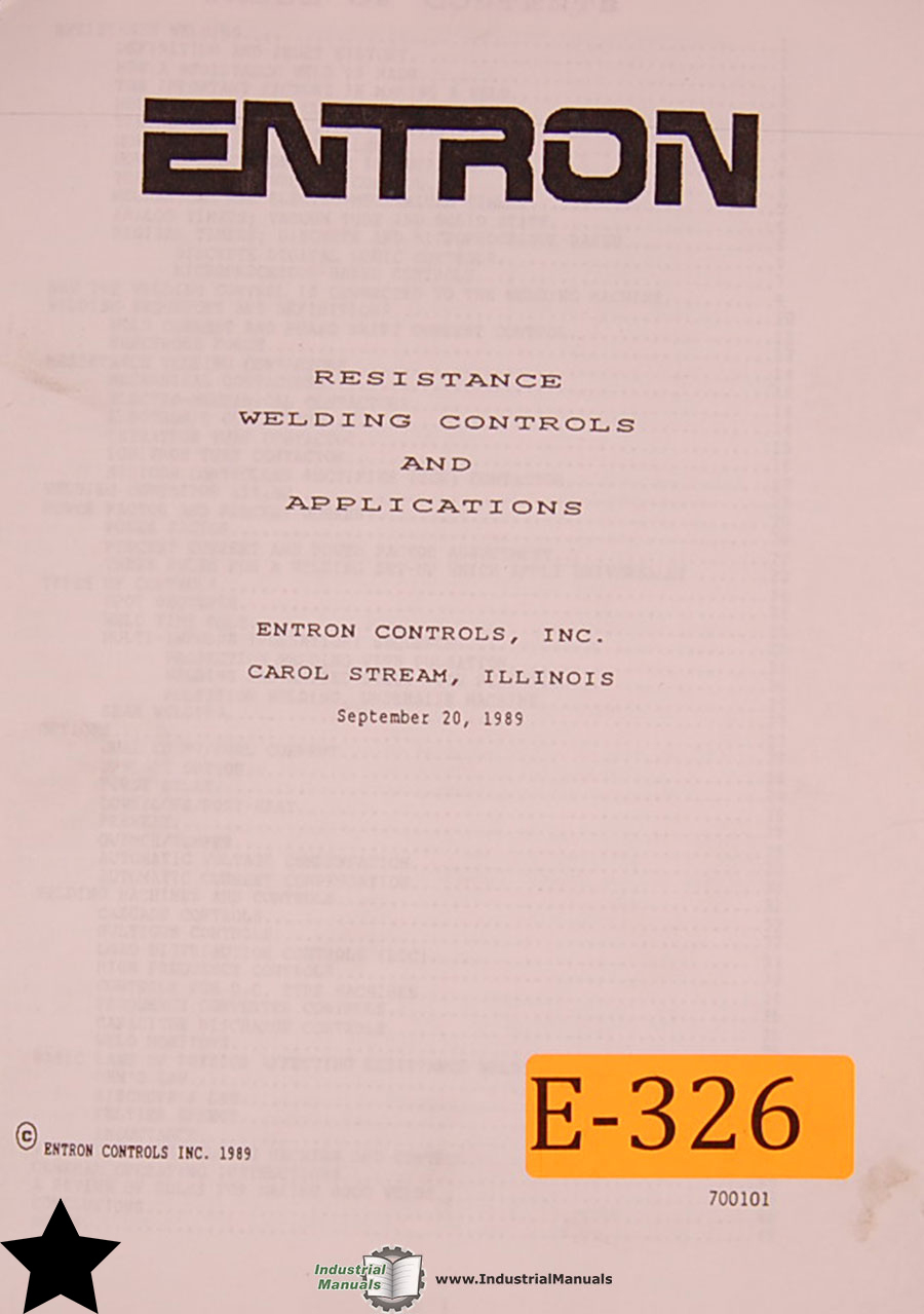 Entron Welding Controls and Applications Manual Year (1989) | eBay