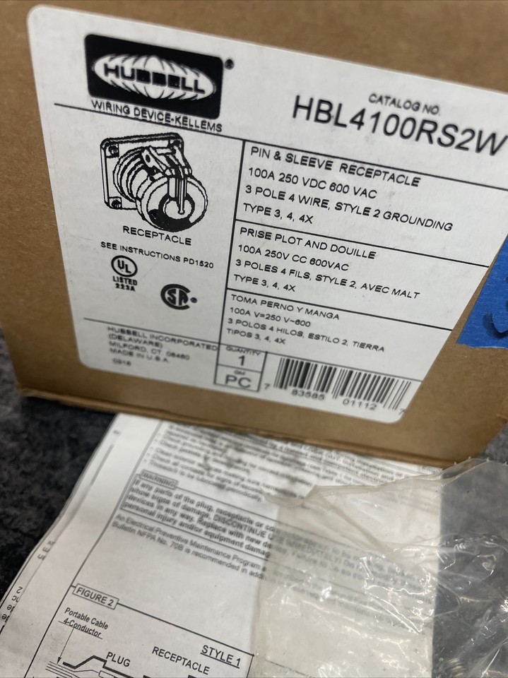 Hubbell HBL4100RS2W 100-Amp Receptacle 100A 600V 3P Generator Wall Plug ...