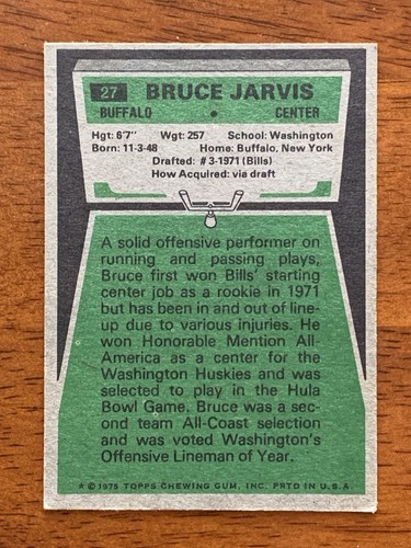 1975 Topps Football Card #27 - Bruce Jarvis, Buffalo Bills - Near Mint ...