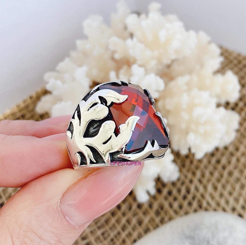 Handmade Knights Fire Ring Red stone 925 Sterling Silver Men's Ring All ...