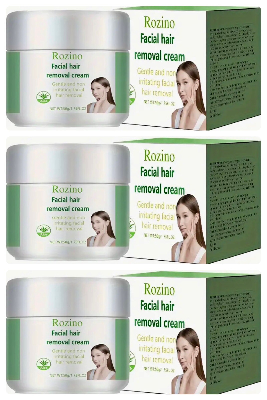 Rozino 3 Facial Hair Removal Aloe Vera Cream 1.75 FL OZ for Normal Skin ...
