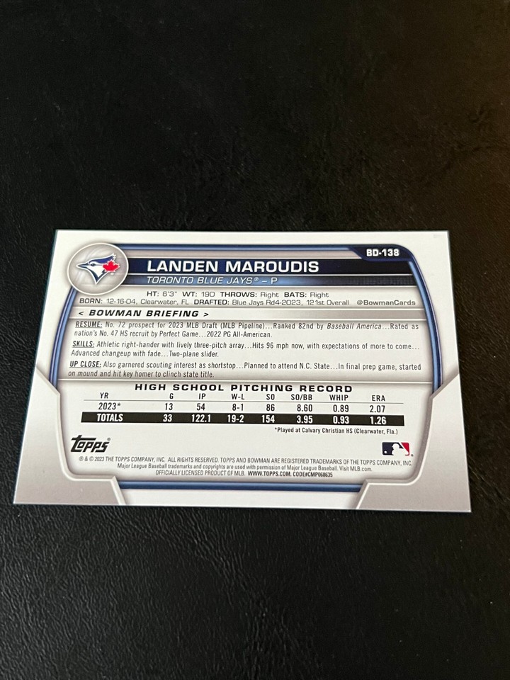 (209) Card Lot 2023 Bowman Draft Paper Landen Maroudis 1st BD-138 Blue ...