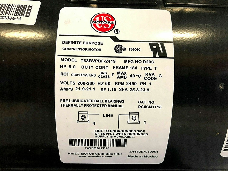 Z-D26719 Air Compressor Motor 230V 3450 Rpm, 1 Phase, 5HP, 184 FR, 7/8 ...