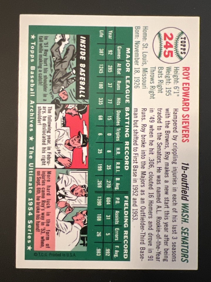 1954 Topps Archives ROY SIEVERS Autographed Card Washington Senators Signed | eBay