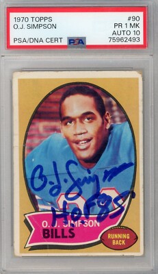 O.J. Simpson 1970 Topps Rookie #90 Autograph HOF 85 Inscription PSA 1 ...