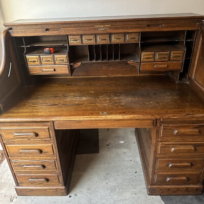 Vintage Oak Roll Top Desk Cole Steel | eBay
