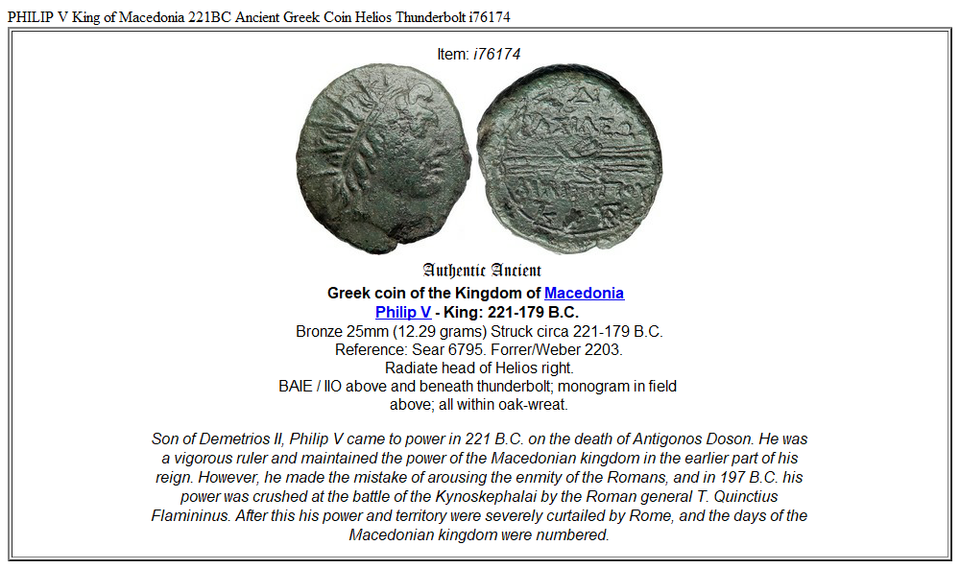 PHILIP V King of Macedonia 221BC Ancient Greek Coin Helios Thunderbolt ...