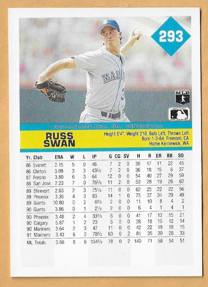 RUSS SWAN SEATTLE MARINERS #293 - FLEER NM-MT 1992 | eBay