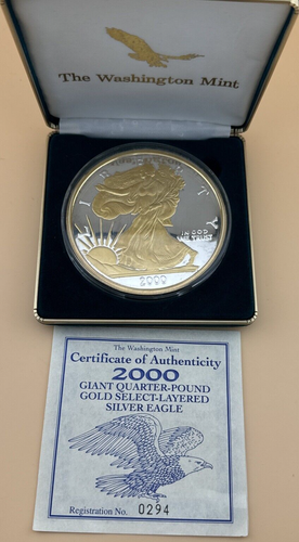 *2000 Washington Mint Giant Quarter Pound Gold Enhanced .999 Silver ...