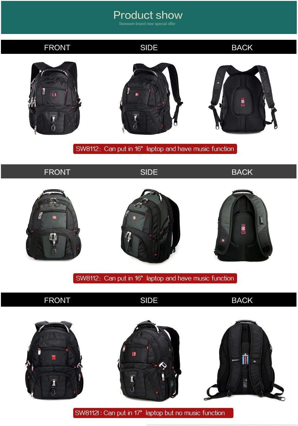 SWISSWIN Swiss Waterproof Business Backpack Travel Backpack College ...