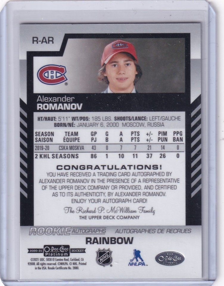 2020-21 O-Pee-Chee Platinum Alexander Romanov Rookie Autographs | eBay