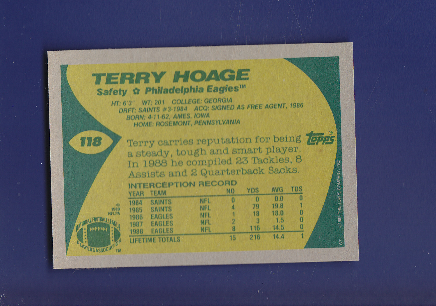 Terry Hoage RC 1989 Topps NFL Football #118 (MINT) Philadelphia Eagles ...