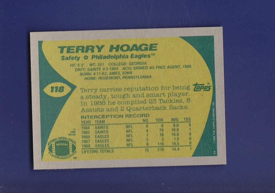 Terry Hoage RC 1989 Topps NFL Football #118 (MINT) Philadelphia Eagles ...