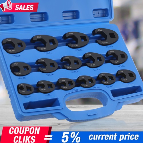 15PCS Flare Nut Crowfoot Wrench Set Metric Crows Foot Wrench Kit 3/8" 1 ...