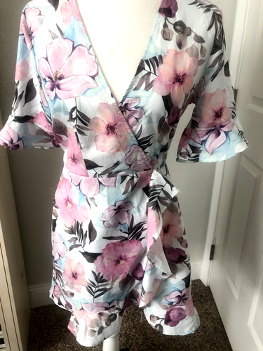 CBR XL Blue Pink Floral Ruffle WRAP FRONT Sundress DRESS S/S ...