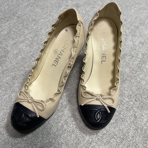 CHANEL Shoes Frills and Ribbon Beige Black Bi-Color Size 36 Heels Used ...
