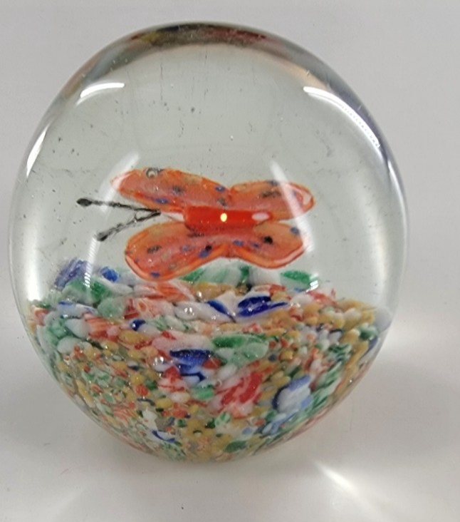 Large 3” Glass Art Paperweight Round Orange Butterfly Controlled ...
