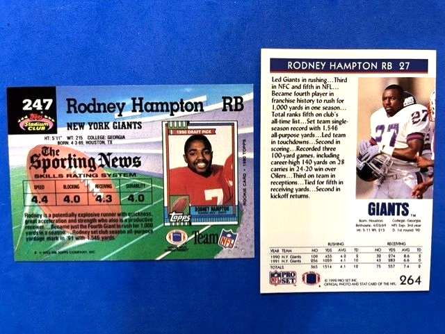 NFL - Rodney Hampton 1992 Topps Stadium Club & 1992 Pro Set Football ...