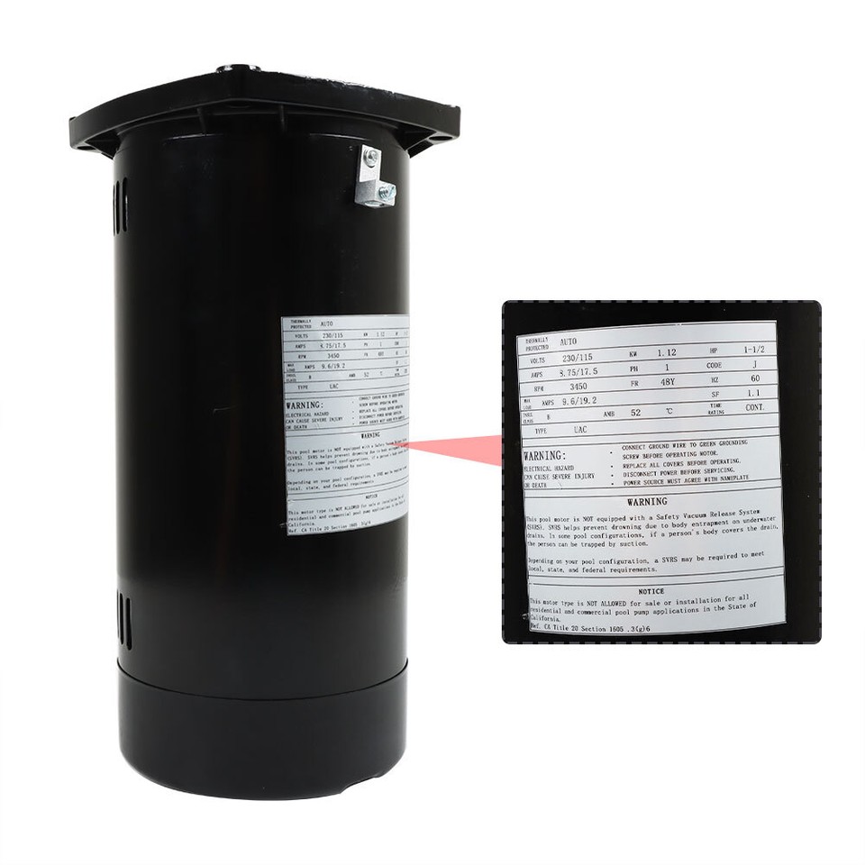 USQ1152 1.5 HP 3450 RPM 48Y Frame Square Flange Pool Motor Electric 115 ...