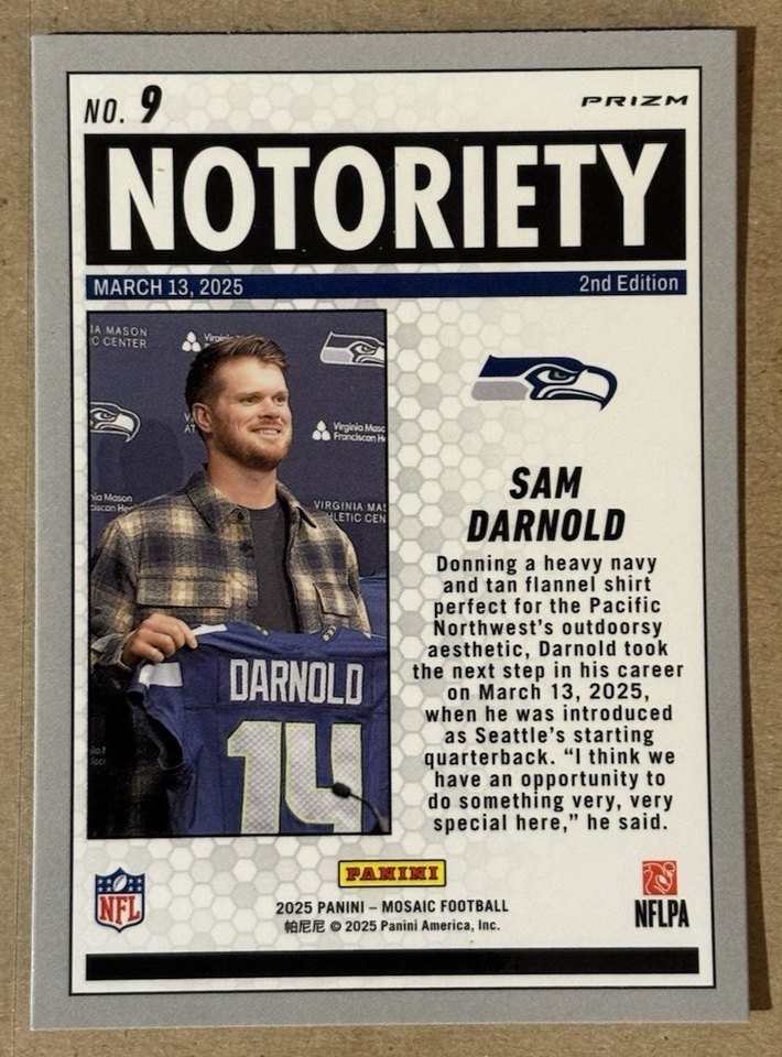 Sam Darnold Green 2025 Panini Mosaic Notoriety #9 Seattle Seahawks | eBay