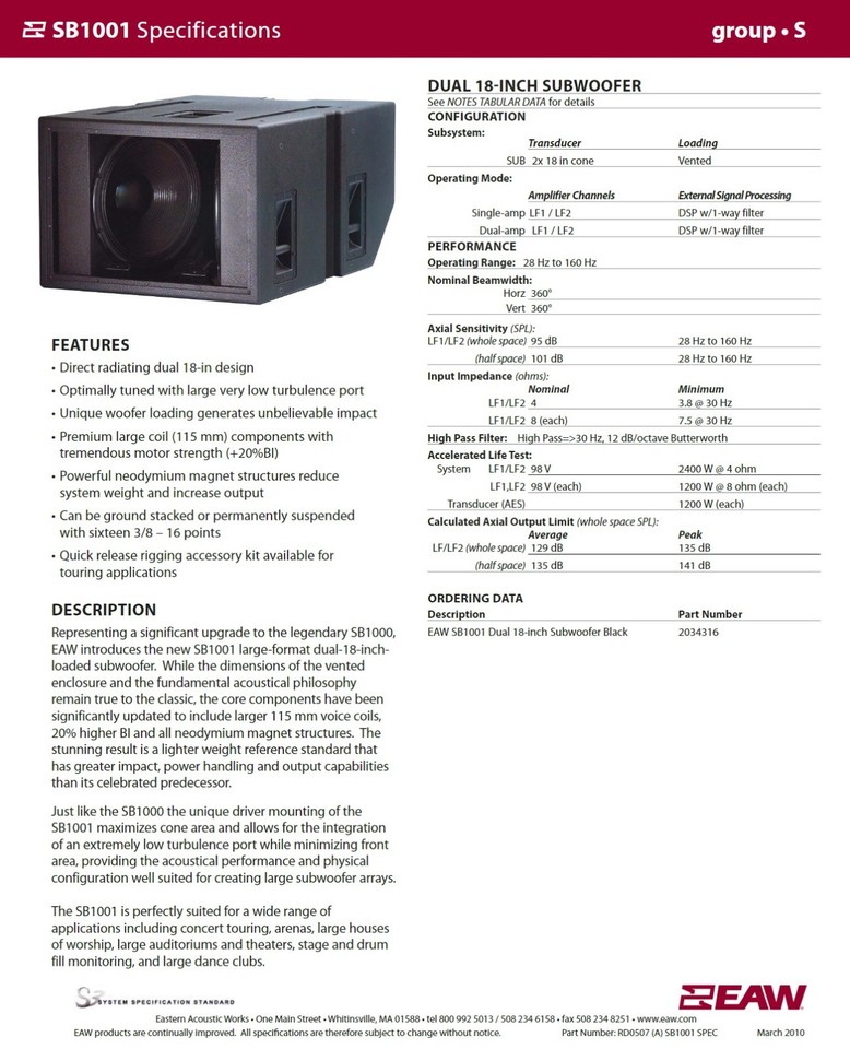 NEW - EAW SB1001 Large Format Dual 18" Passive Subwoofer 2x18 Sub 1200W ...