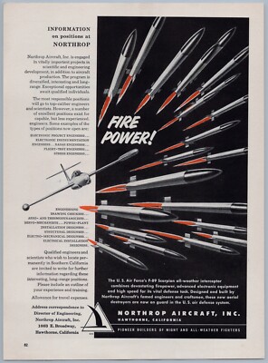 1952 Northrop Aircraft Aviation Ad Fire Power Jobs Careers Hiring F-89 ...