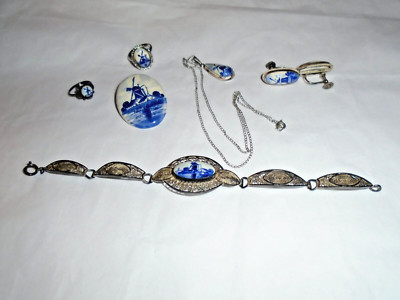 VINTAGE 7 PC SET DELFT JEWELRY FILIGREE BRACELET RING PLUS STERLING ...