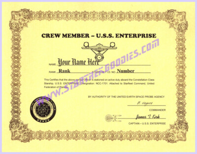 PERSONALIZED Certificate "CREW MEMBER - USS ENTERPRISE" Star Trek: Orig ...