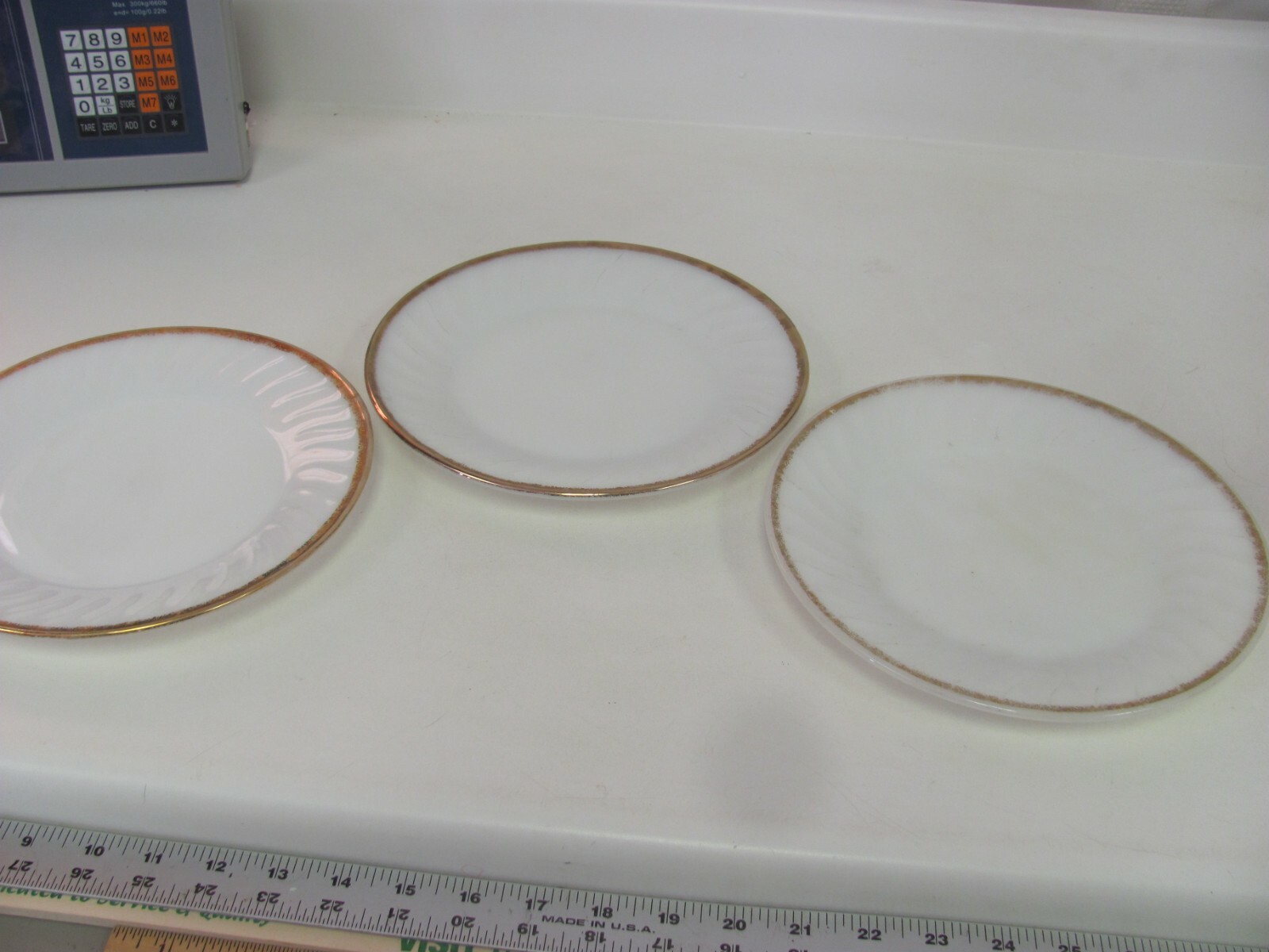 Vintage Fire King Plates White Milk Glass Swirl Design Gold Trim Set ...