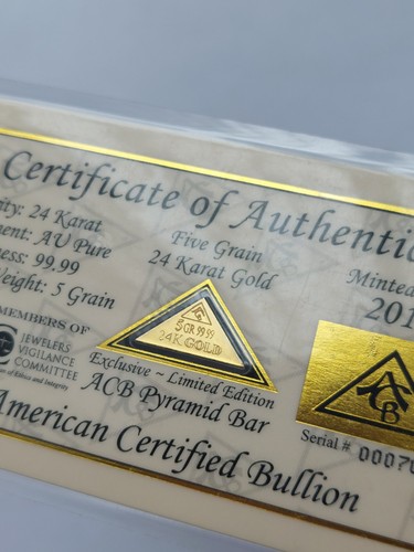 ACB 24K GOLD BULLION PYRAMID 5 Grain Bar With COA-Limited Edition USA ...