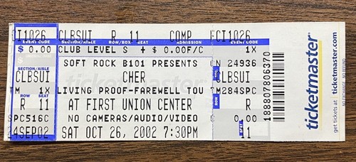 RARE 2002 Cher Living Proof Farewell Tour Concert Ticket First Union ...