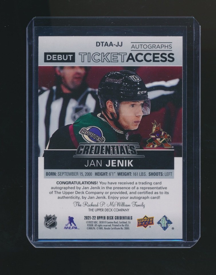JAN JENIK 2021-22 UPPER DECK CREDENTIALS DEBUT TICKET ACCESS RC AUTO ...