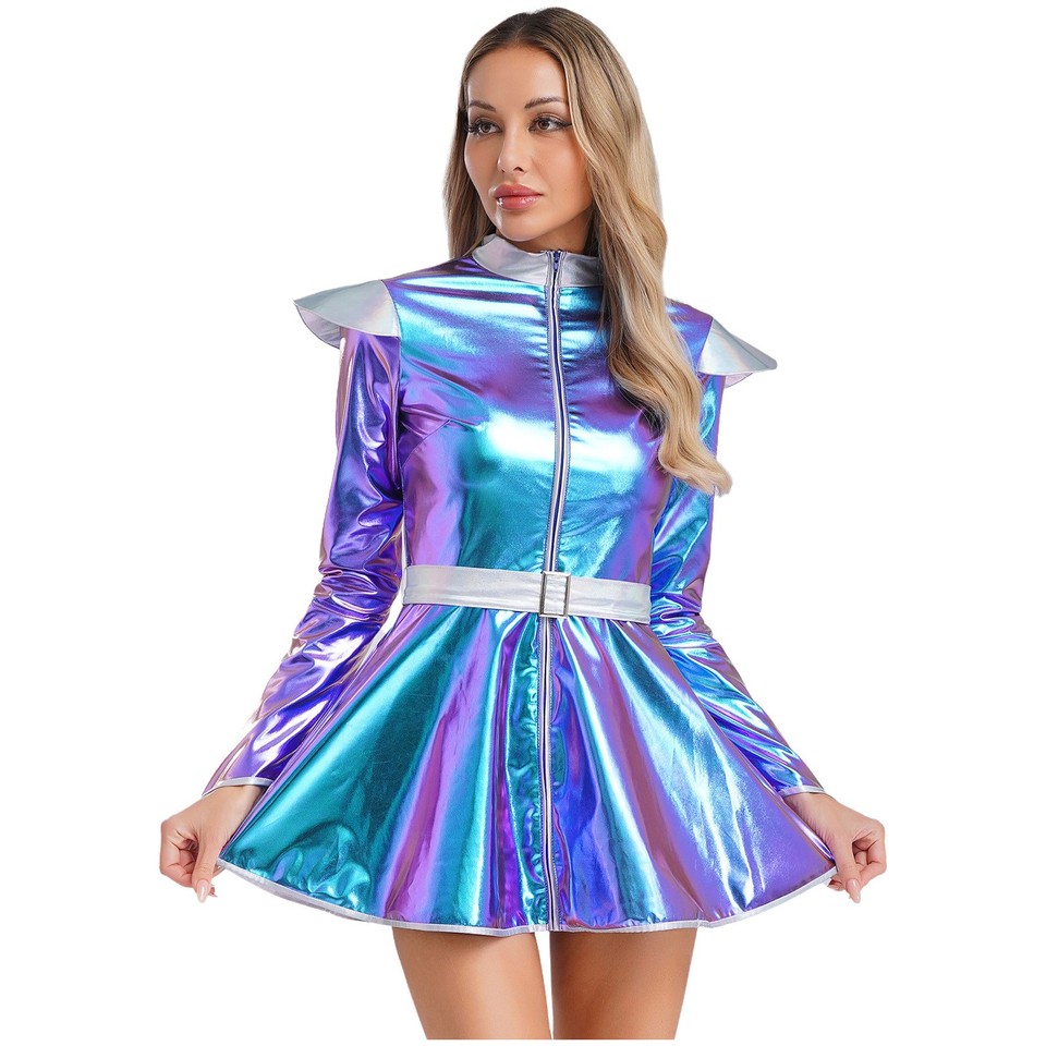UK Women's Shiny Alien Halloween Dress Long Sleeves A-line Outer Space ...