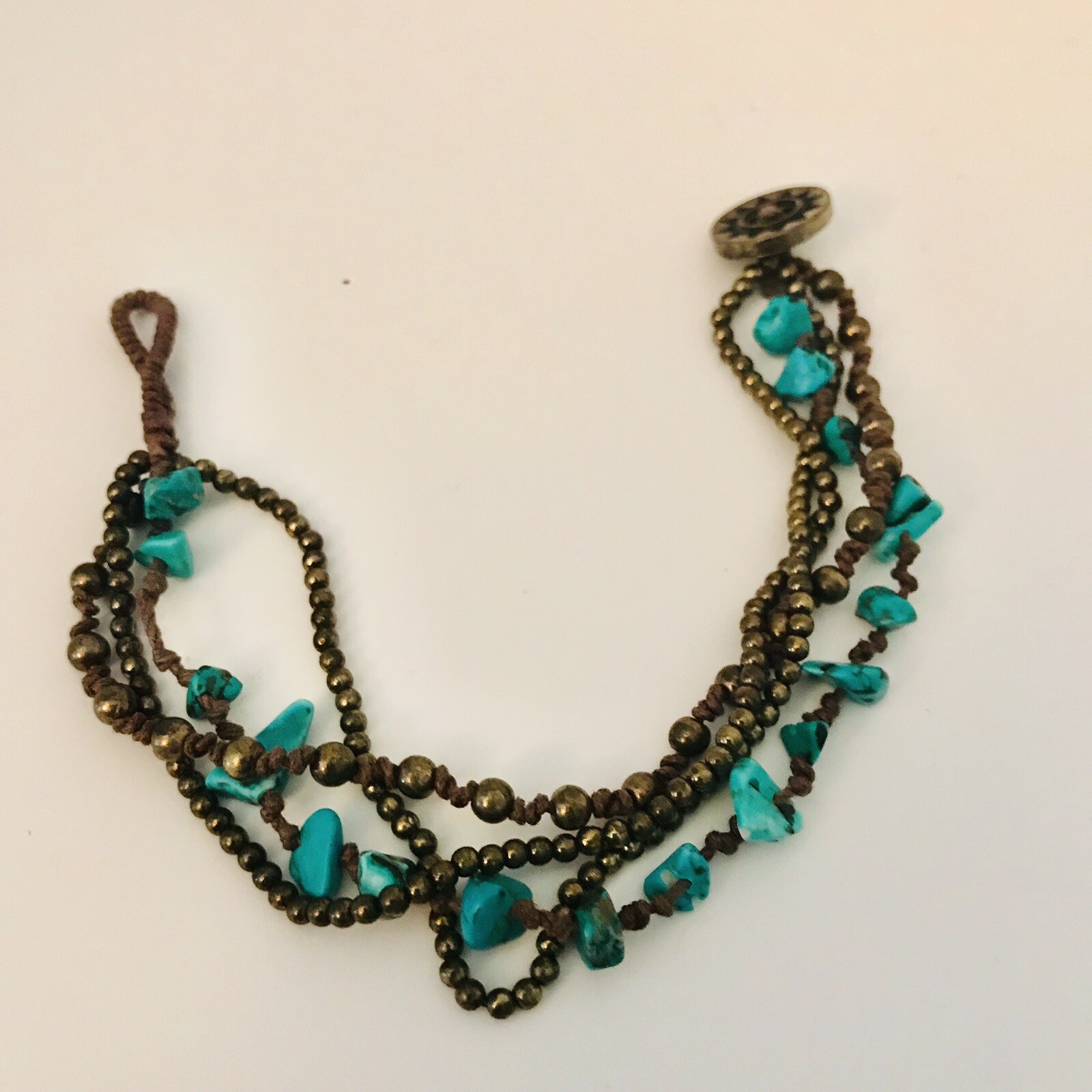 Multi Strand Bracelet Brown beads & Turquoise Chips Button Clasp Bracelet J6318 | eBay