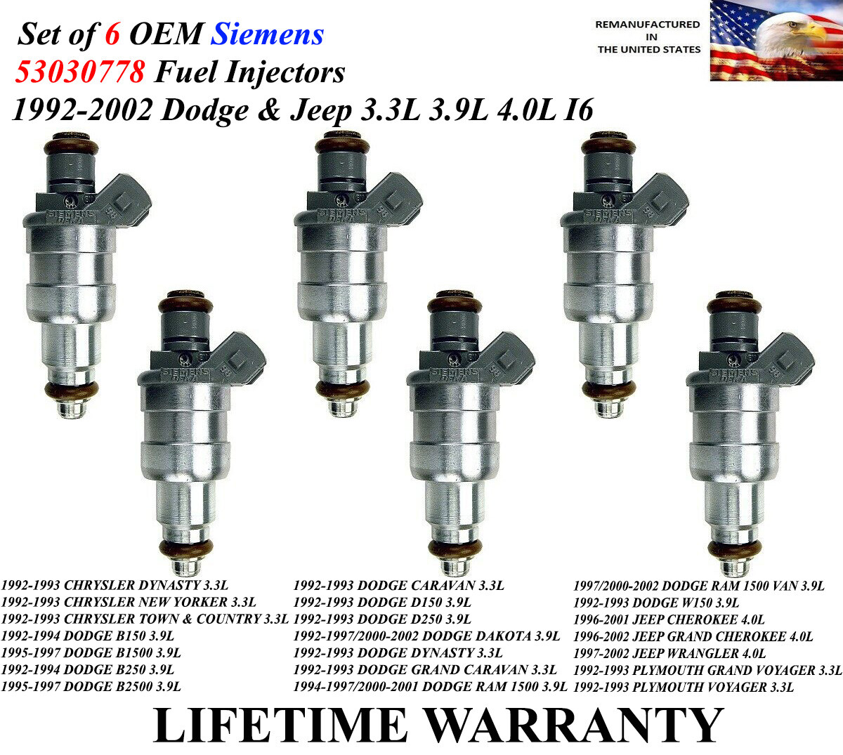 OEM Set of 6 Siemens Fuel Injectors For 1992-1997/2000-2002 DODGE ...