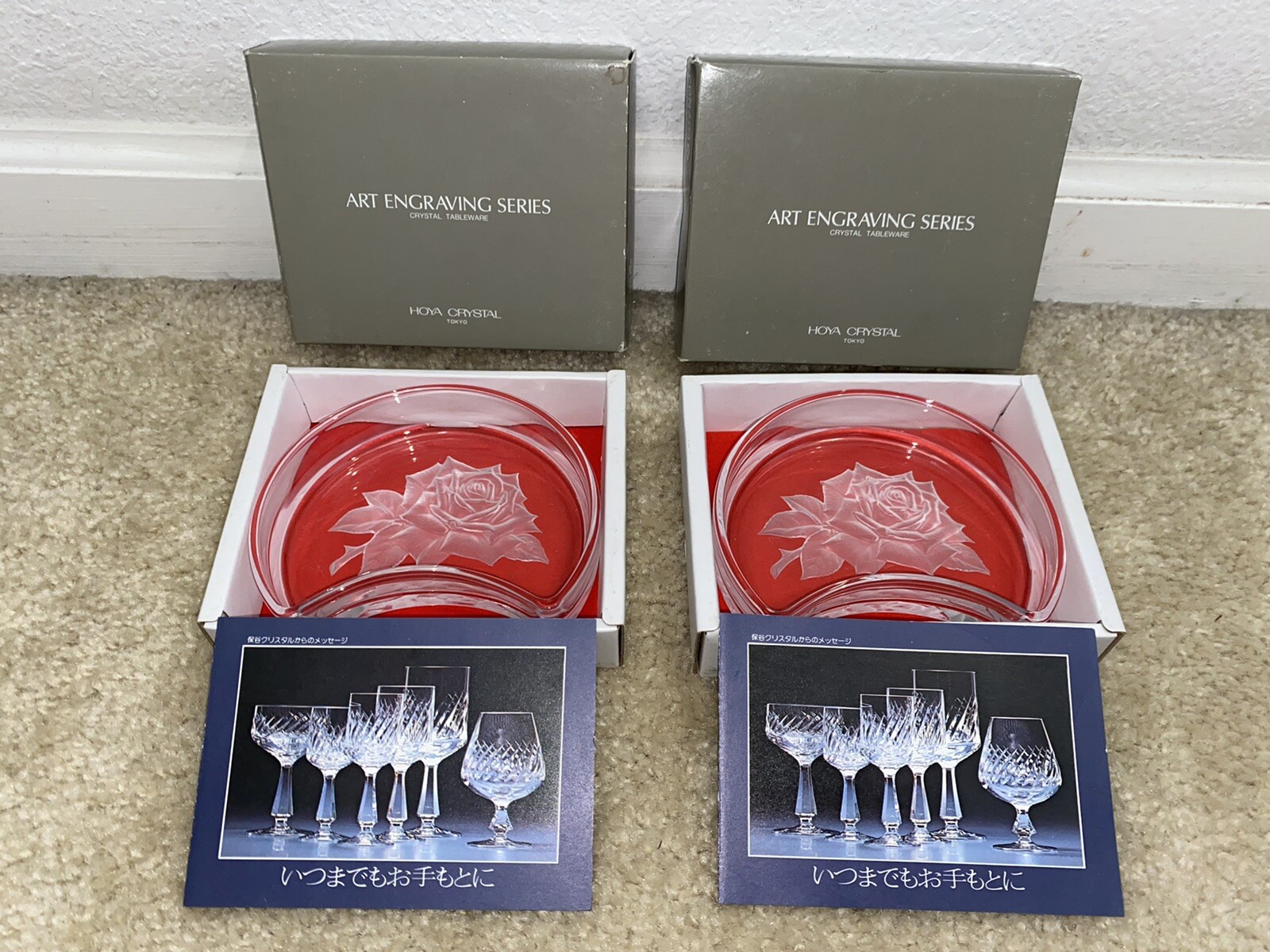 Pair of Hoya Tokyo Crystal - Art Engraving Series (Rose) W/ Box ...
