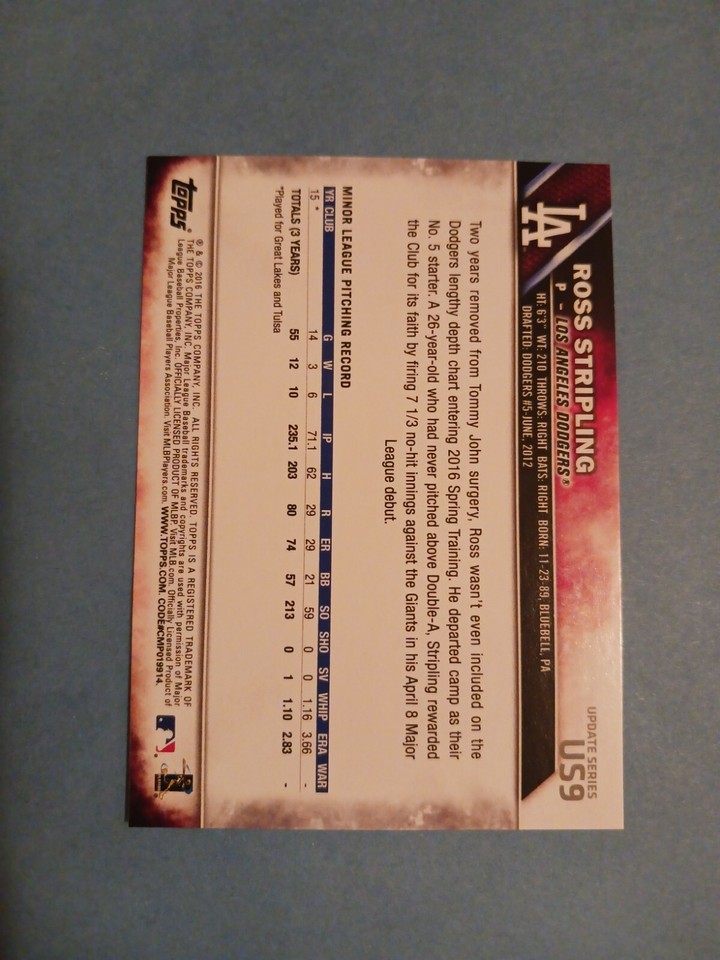 2016 Topps Baseball Update #US9 Ross Stripling RC Los Angeles Dodgers ...