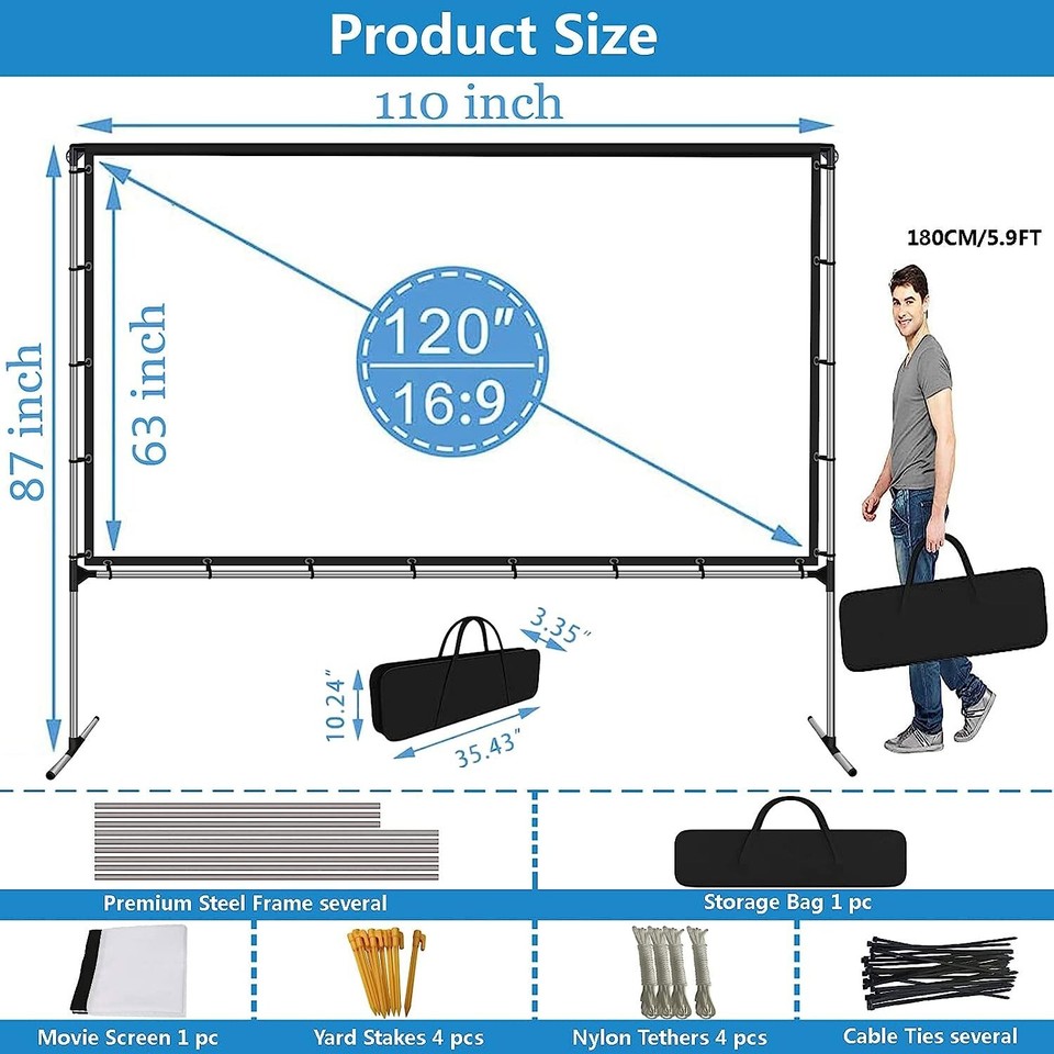Projector Screen with Stand 120 Inch Foldable Portable Movie Screen 16: ...