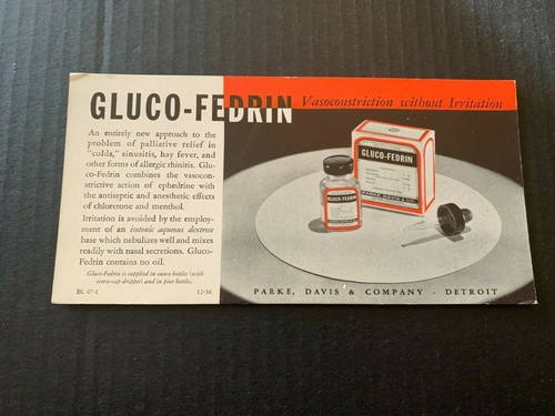 c.1930's Parke Davis & Company Detroit Gluco Fedrin Medicine Ink ...