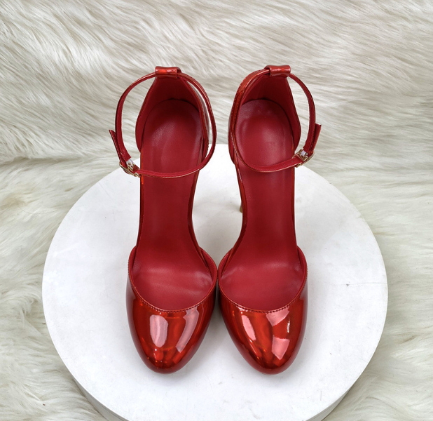 Women's Round Toe High Heels Pumps Ankle Strap Shoes Party Heel Red ...